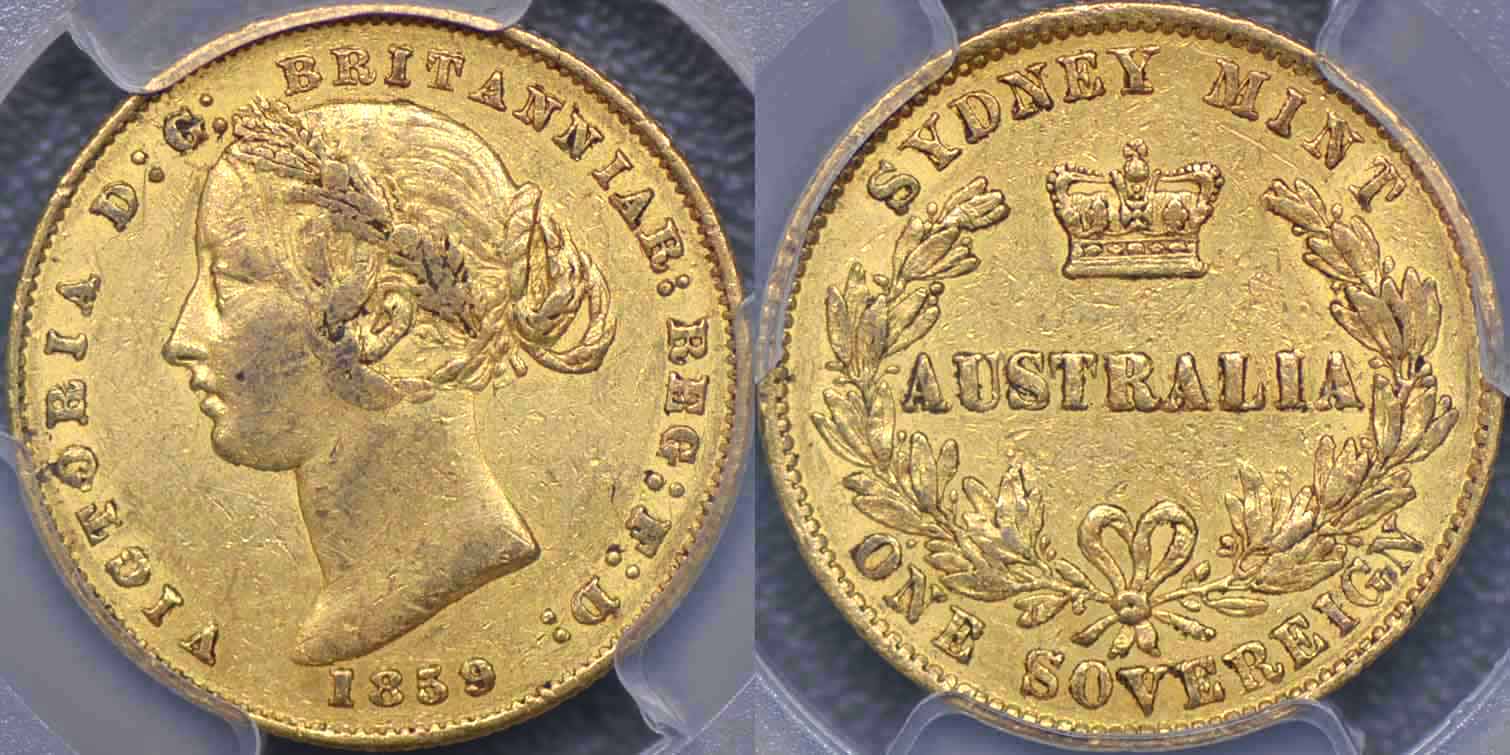 Australia, 1859 Sydney Mint Sovereign, PCGS AU50 - Drake Sterling