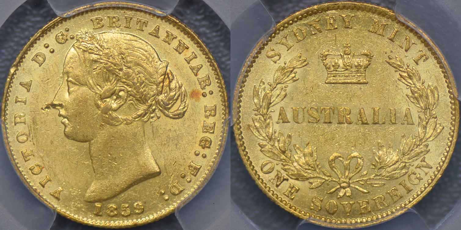 Australia, 1859 Sydney Mint Sovereign, PCGS MS60 - Drake Sterling