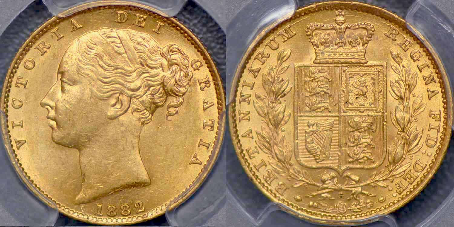 Australia, 1882 Sydney Shield Reverse Sovereign, PCGS AU58 - Drake Sterling