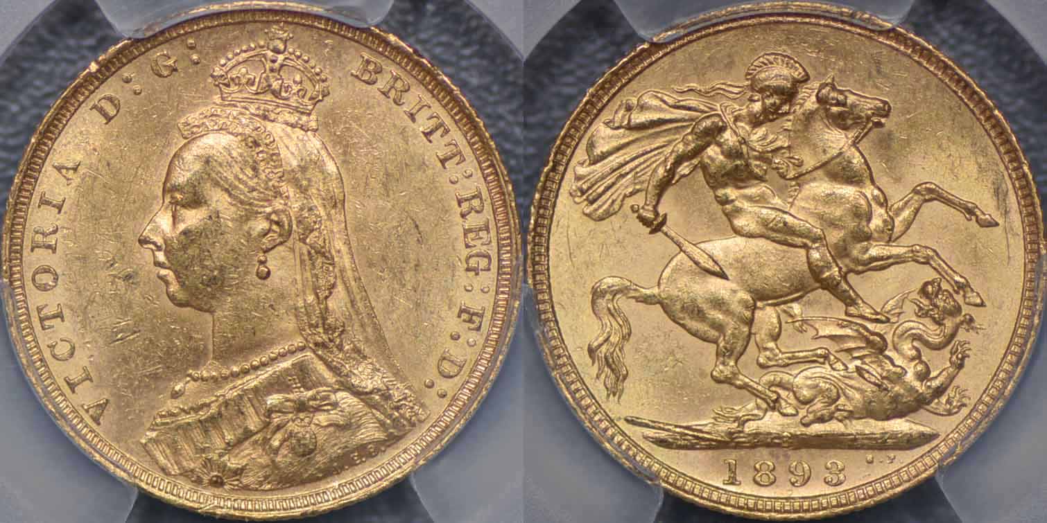 Australia, 1893 Sydney Jubilee Head Sovereign, PCGS MS61 - Drake Sterling