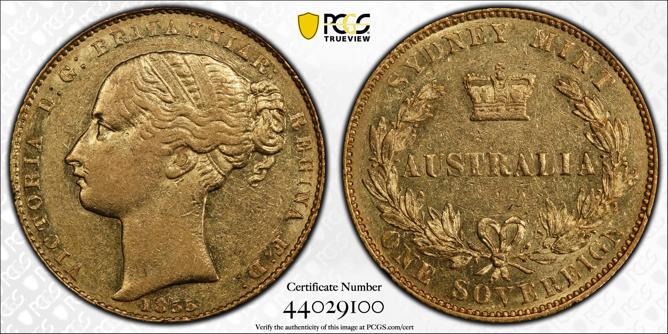 Australia, 1855 Sydney Mint Sovereign, PCGS AU53 - Drake Sterling